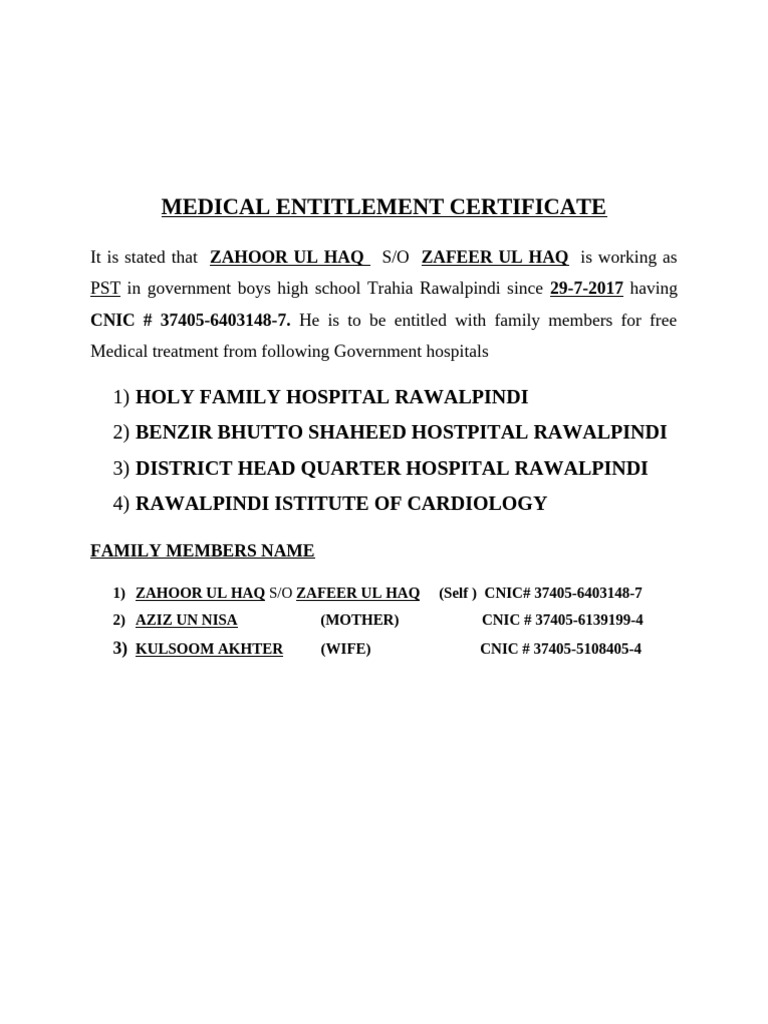 Medical Entitlement Certificate for Zahoor Ul Haq | PDF