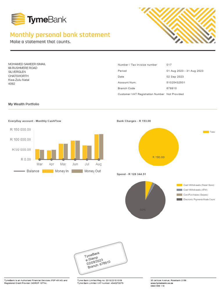 TymeBank Personal Bank Statement Aug | PDF | Banks | Money