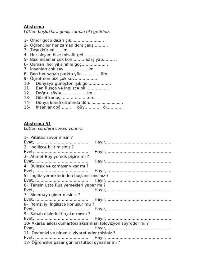 Alıştırma Geniş Zaman Olumlu Olumsuz Soru | PDF