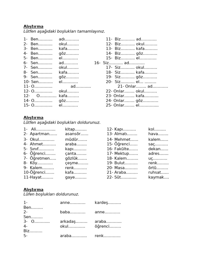 Alıştırma İlgi İyelik Eki İsim Tamlaması | PDF