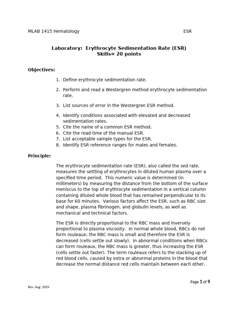 Lab - Erythrocyte Sedimentation Rate | PDF | Hematology | Blood