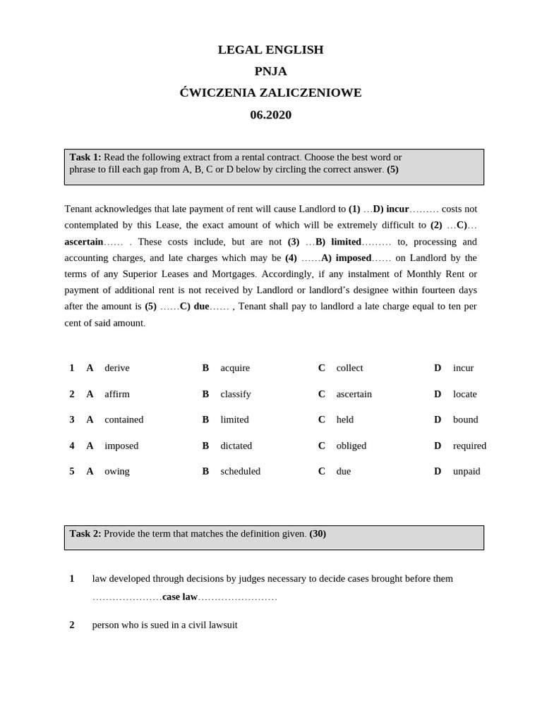 Legal English Exercises for Tenants | PDF | Landlord | Lease