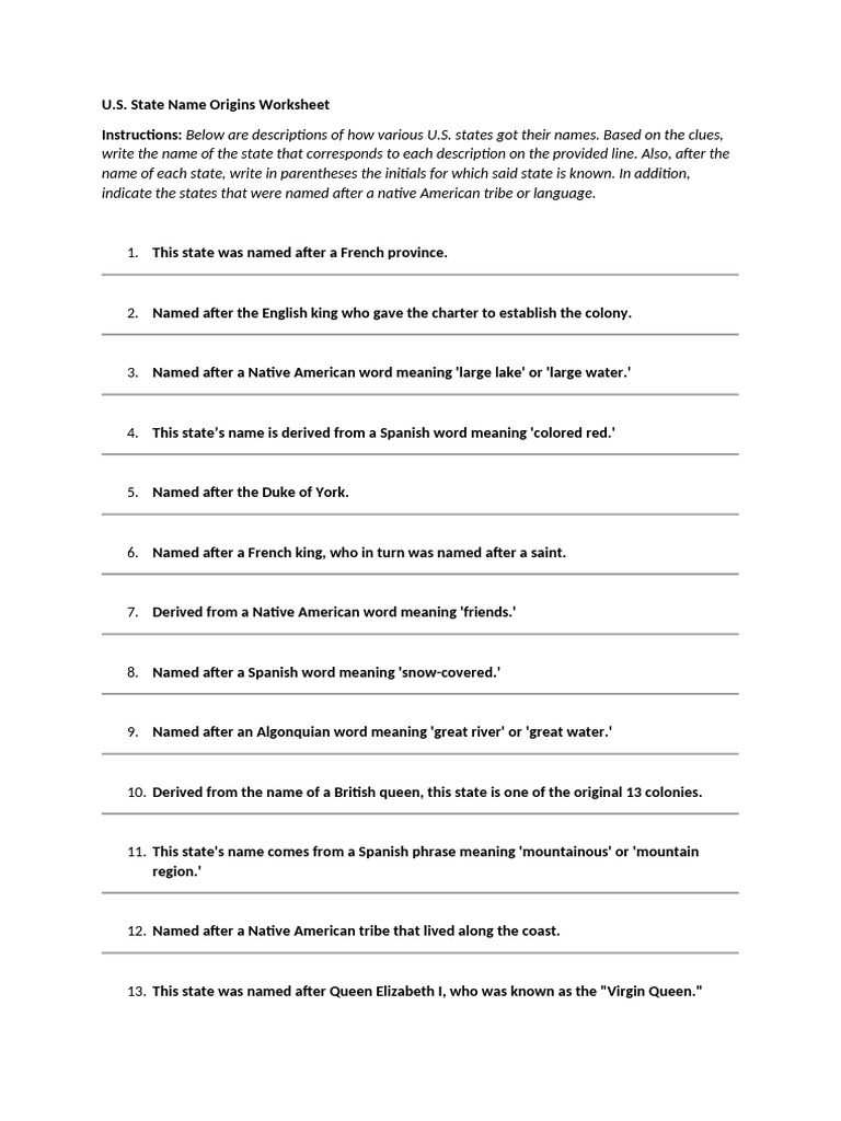 U.S. State Name Origins Worksheet | PDF | Native Americans In The ...