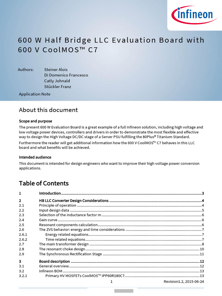 Infineon Applicationnote Evaluationboard Eval 600w 12v Llc C7 An V01 00 En Pdf Resonance