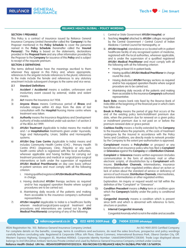 Reliance Health Global Insurance Policy | PDF | Intensive Care Unit ...