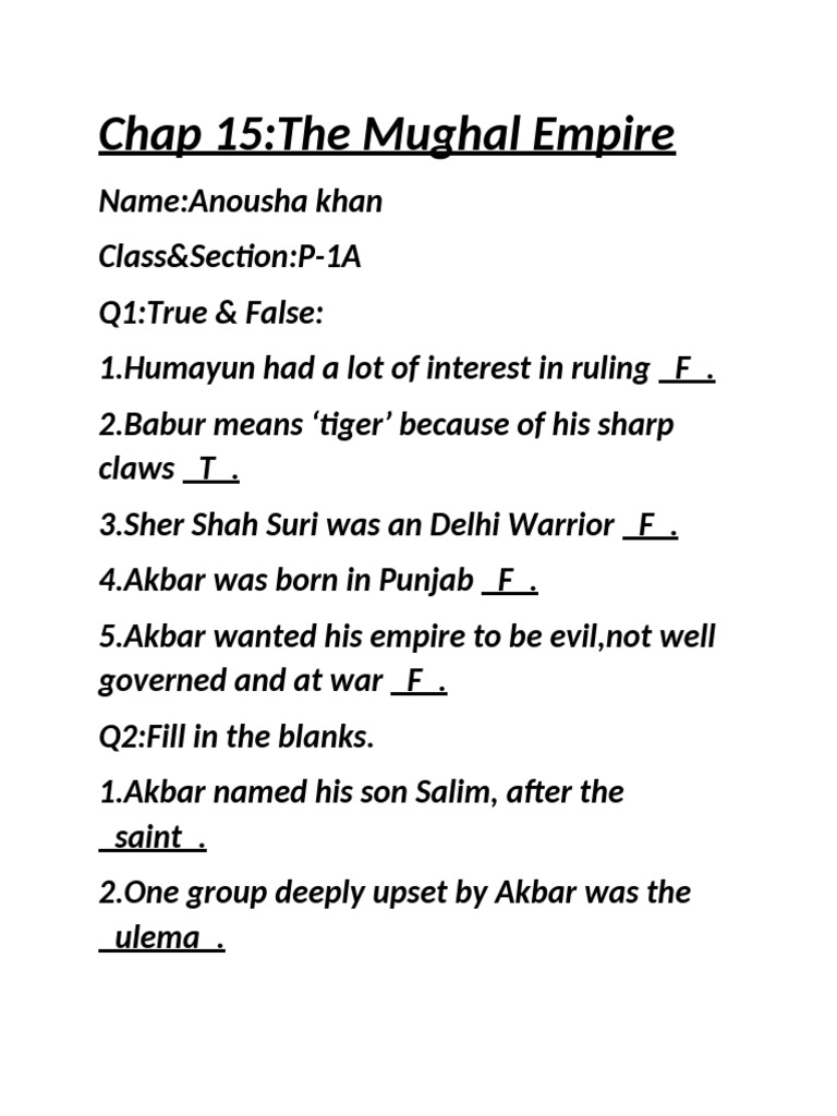 Chap 15 The Mughal Empire Worksheet Lol | PDF | History