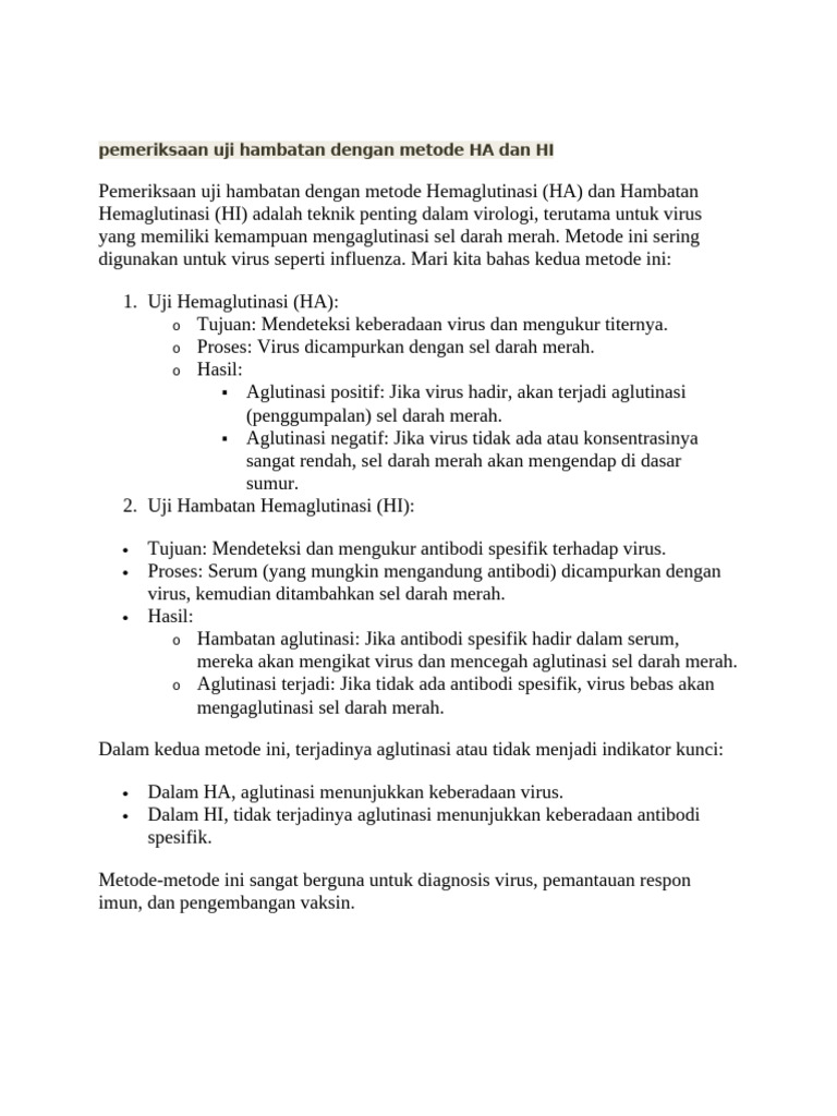 Pemeriksaan Uji Hambatan Dengan Metode HA Dan HI | PDF