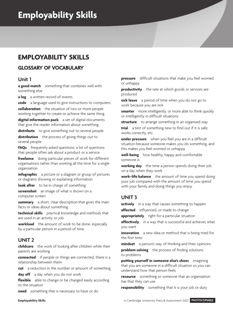 Employability Skills Glossary of Vocabulary | PDF | Knowledge | Nursing
