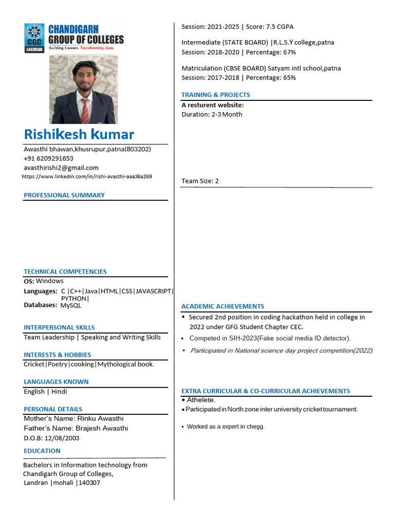 rishi.resume (1) | PDF | Computing | Computer Architecture