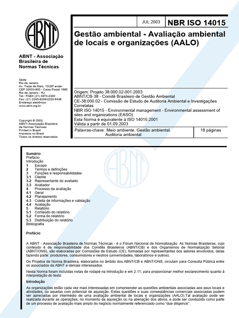 ABNT NBR ISO 14015 - Gestão Ambiental - Avaliação Ambiental de Locais e ...