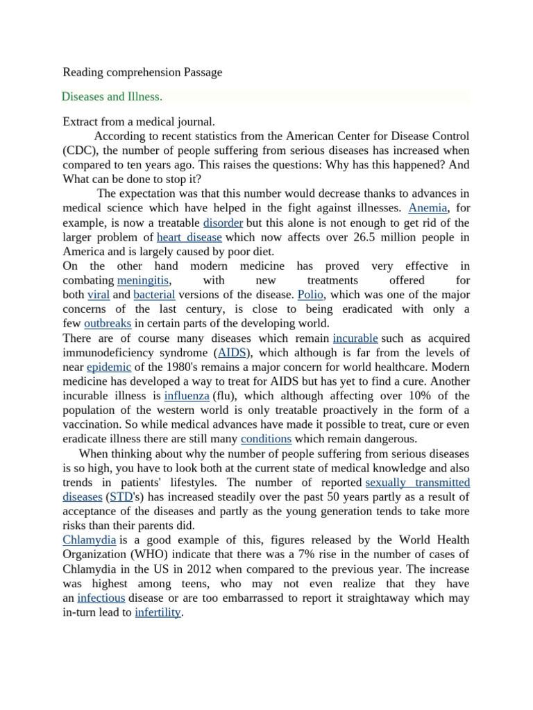 Reading Comprehension Diseases and Illness | PDF | Infection | Sexually ...