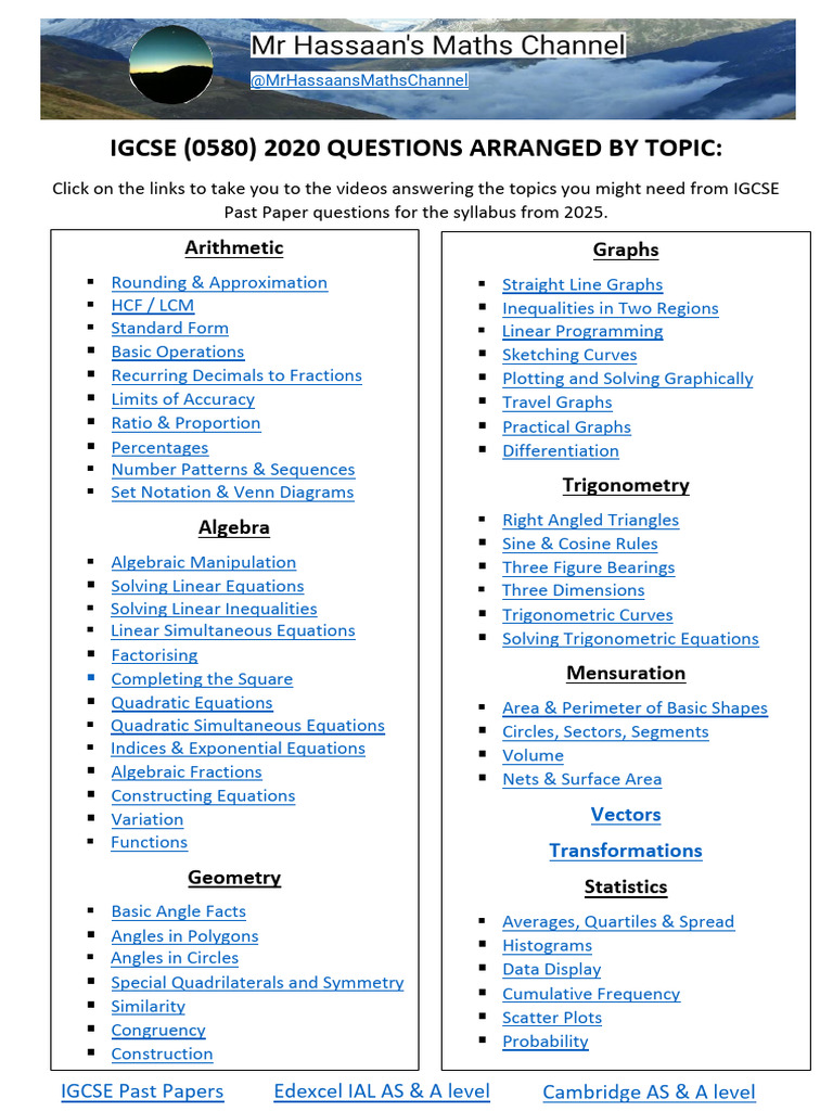 You Tube Igcse 2020 Topic Index Pdf Equations Trigonometry