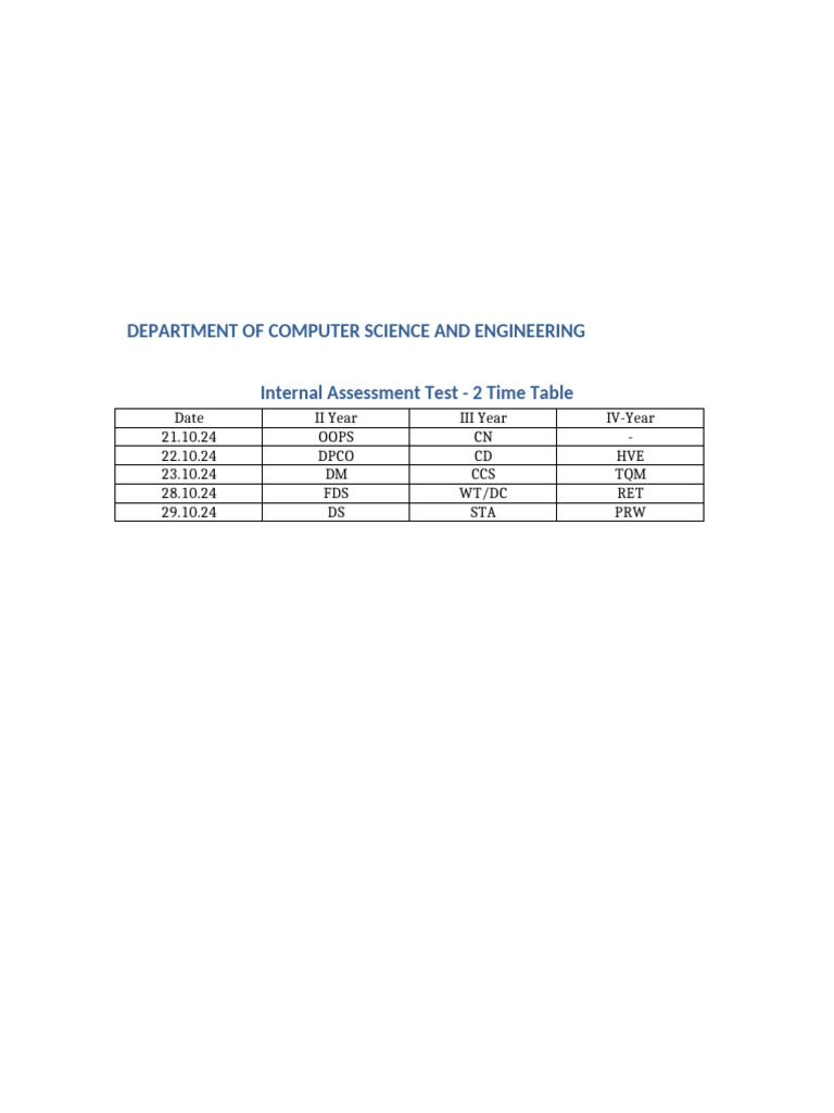 Internal Assessment Test 2 Timetable | PDF