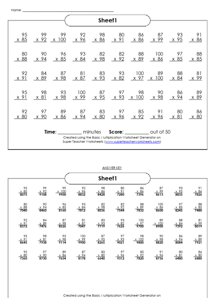 Basic Multiplication Worksheet & Key | PDF