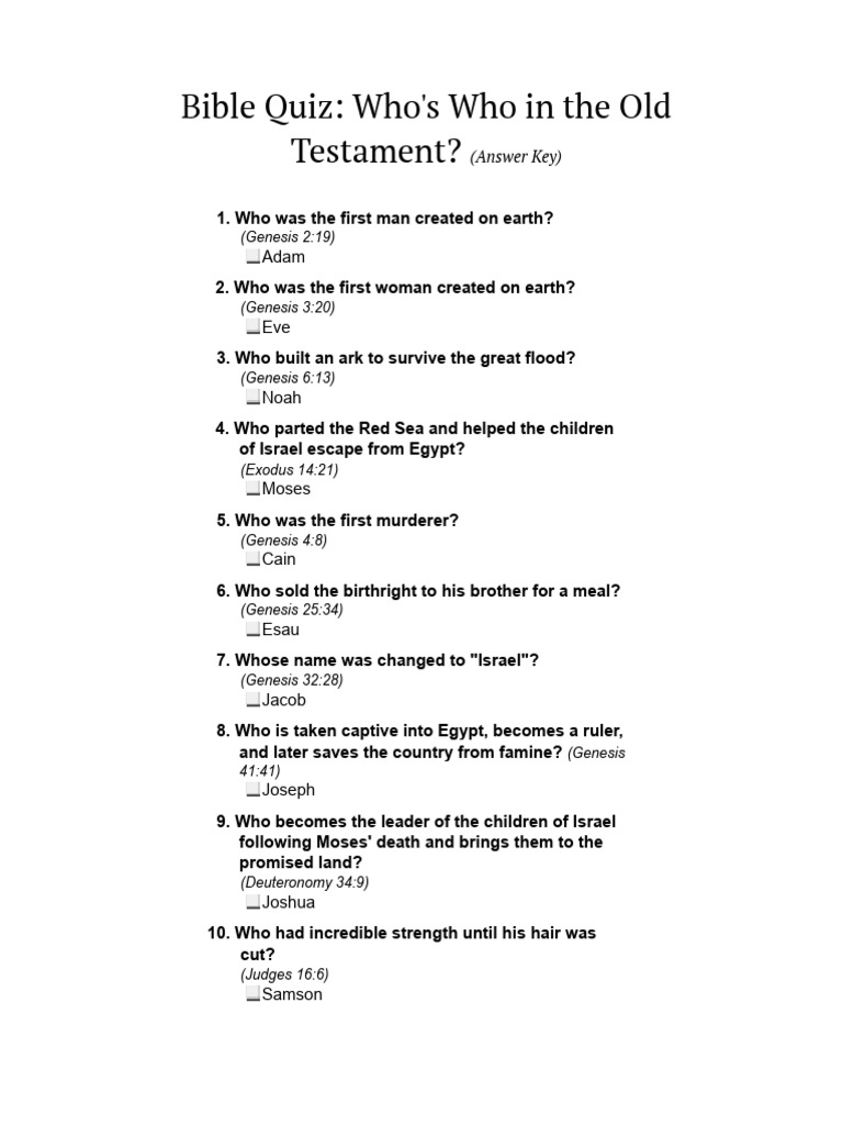 Old Testament Who's Who Quiz Answers | PDF