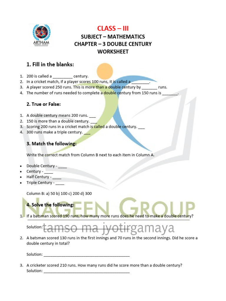 Class 3 Math Ch 3 Worksheet 1 | PDF | Teachers | Expert