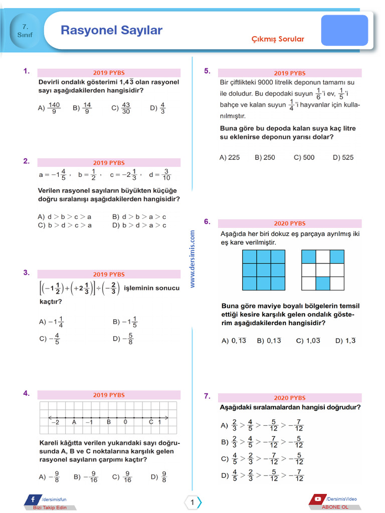 7th Grade Rational Numbers Exam Questions | PDF