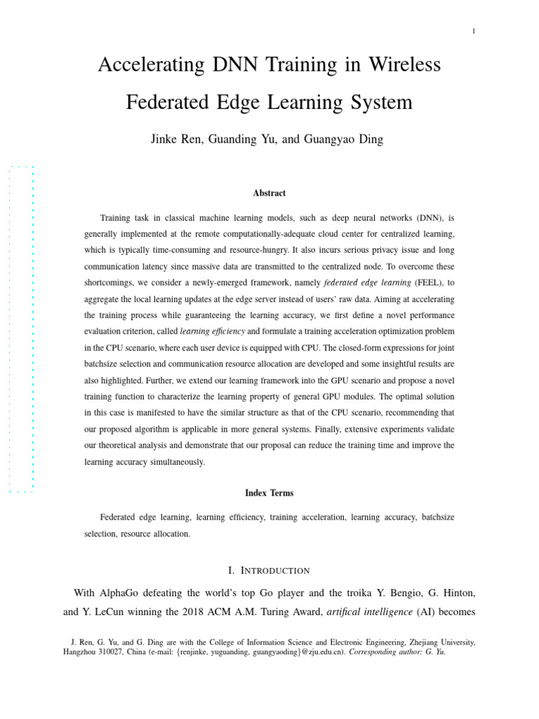 Accelerating Dnn Training In Wireless Federated Edge Learning Pdf Deep Learning Computing 