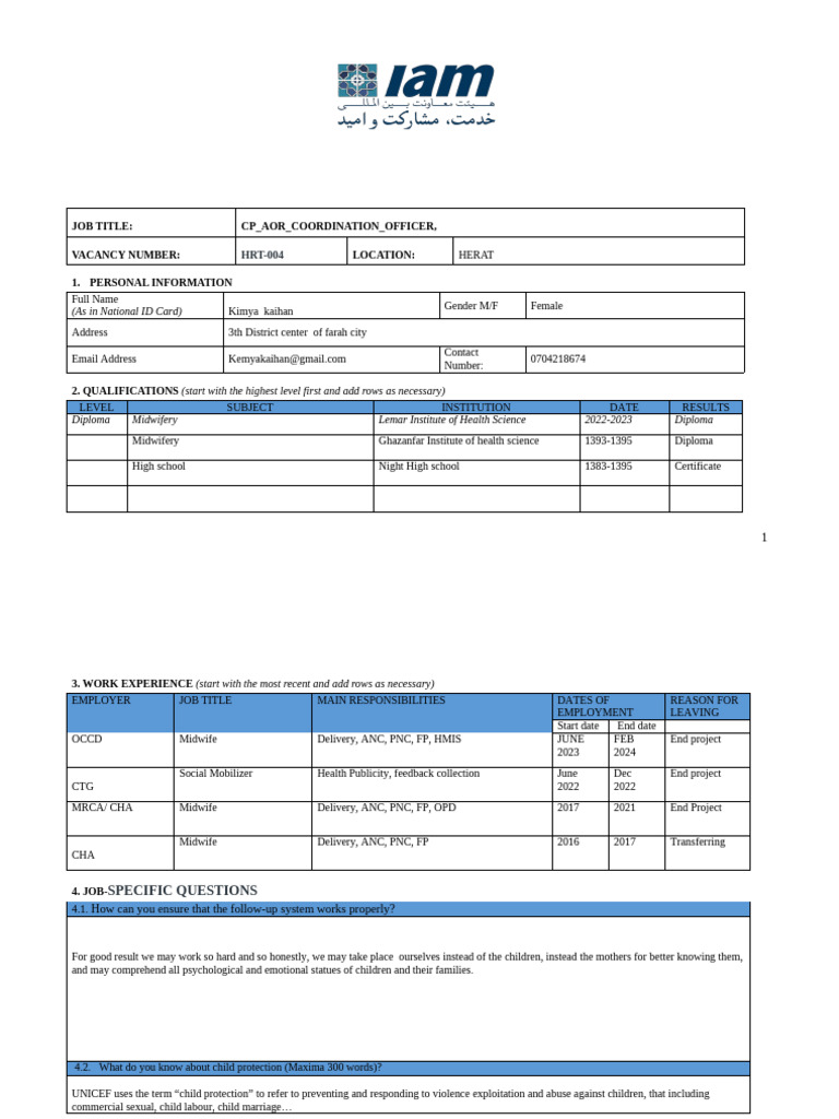 Application-Form_CP-AOR-Coordination-Officer_Herat | PDF | Child Protection | Midwife