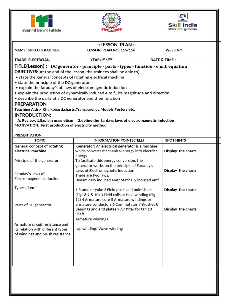 Lesson PLAN 2 ND Year | PDF | Electric Motor | Electric Generator