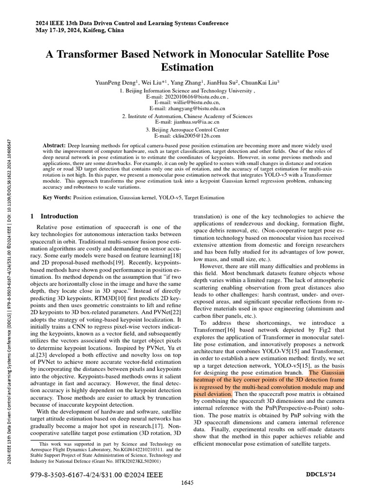 A Transformer Based Network in Monocular Satellite Pose Estimation | PDF | Normal Distribution ...