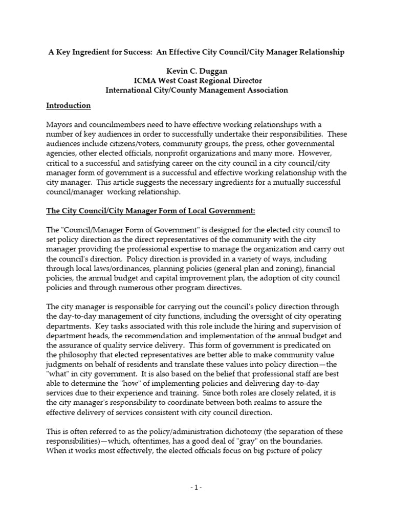 A Key Ingredient For Success An Effective City Council City Manager ...