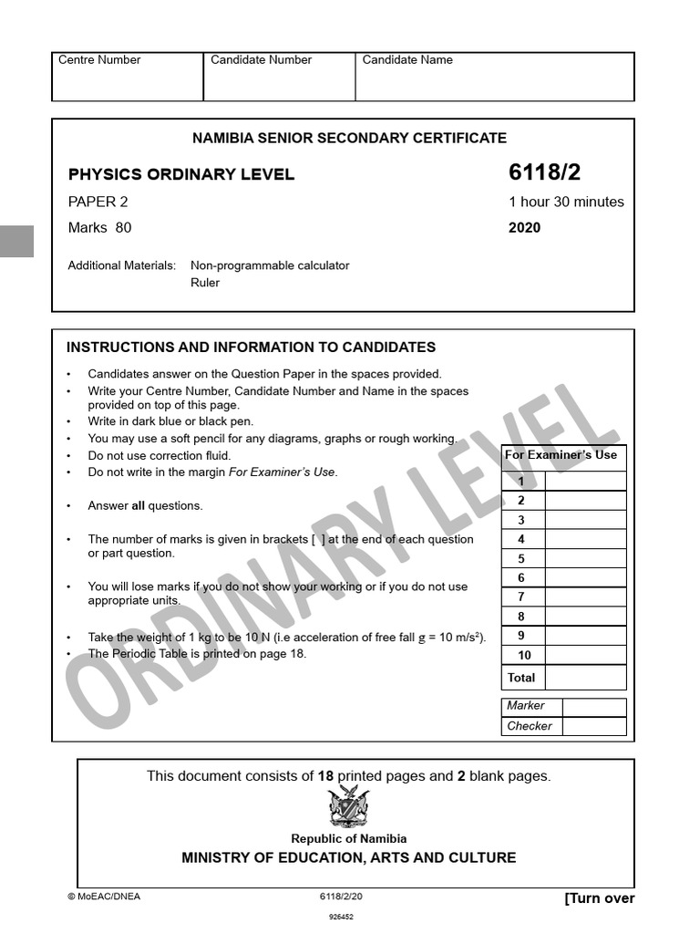 Namibia O Level Physics Exam Instructions | PDF | Transformer | Waves
