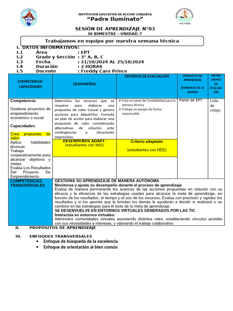 Sesión de Ept Emprendimiento 3° A. B. C Freddy Caro Prince | PDF | Aprendizaje | Iniciativa ...