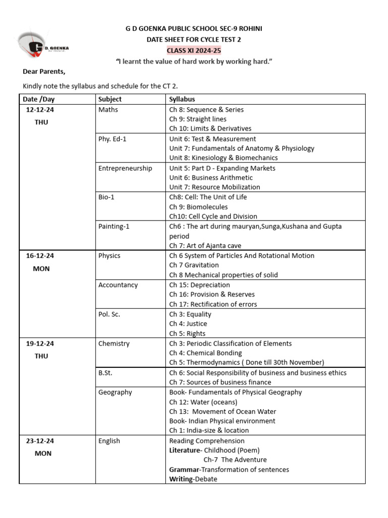 Class XI CT2 Date Sheet and Syllabus | PDF | Applied And Interdisciplinary Physics
