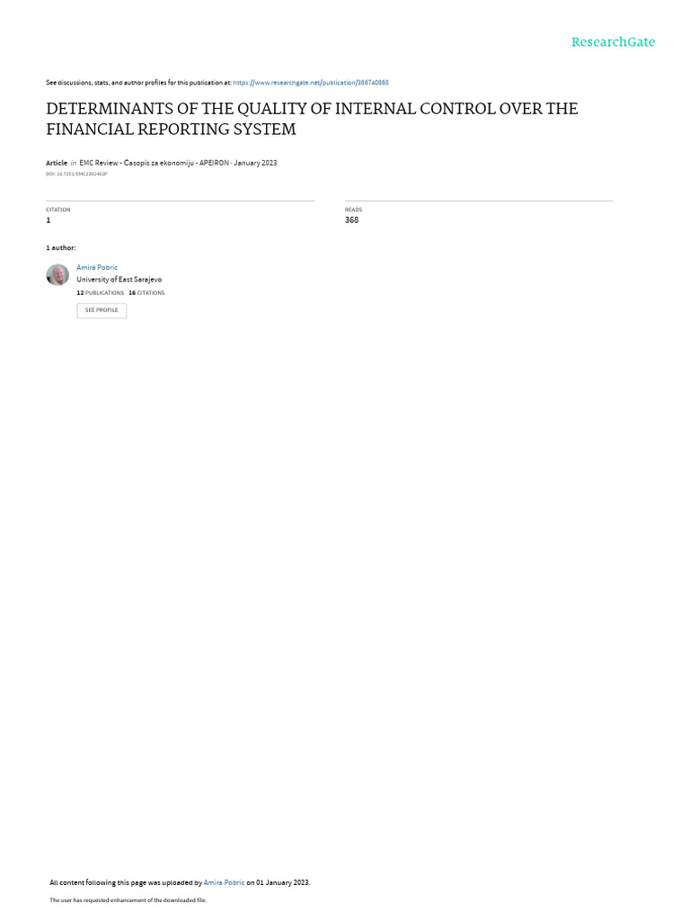 Determinants of The Quality of Internal Control Over The Financial Reporting System | PDF ...