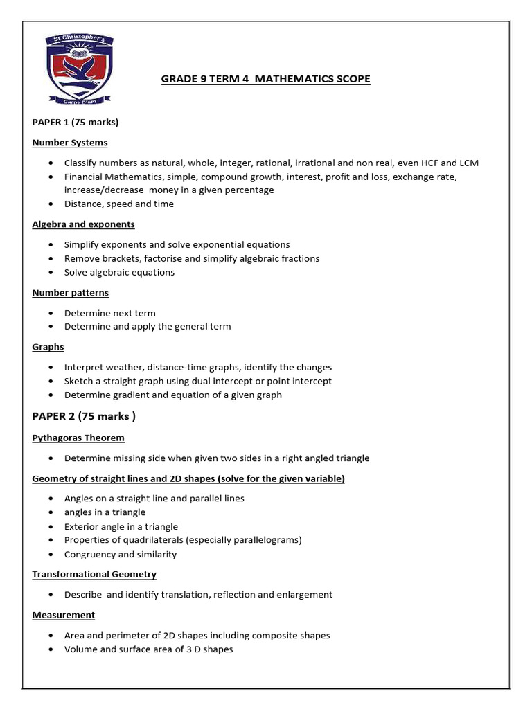 Grade 9 Term 4 - Scope | PDF