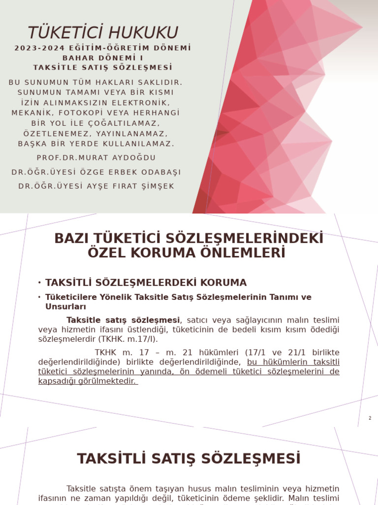 Tüketi̇ci̇ Hukuku 2023-2024 Bahar I-Taksitle Satış Sözleşmesi | PDF