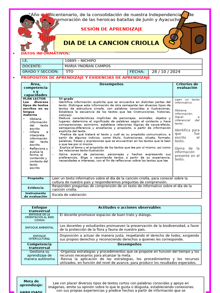 SESION COMUNICACION - DIA DE LA CANCION CRIOLLA | PDF | Aprendizaje ...