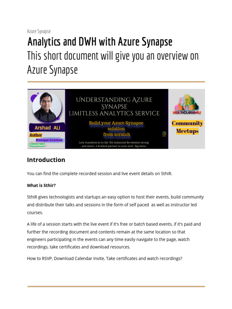 Analytics and DWH With Azure Synapse | PDF | Microsoft Azure | Data Warehouse