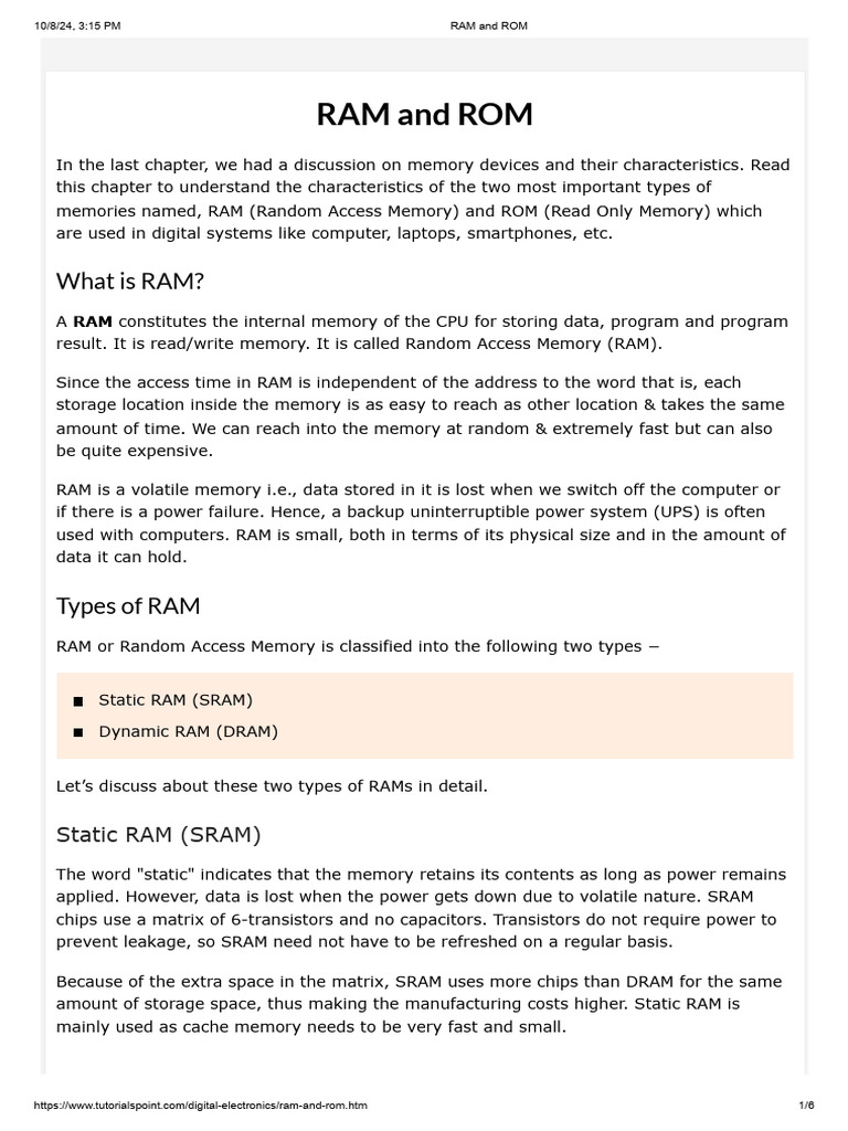 RAM and ROM | PDF | Random Access Memory | Read Only Memory