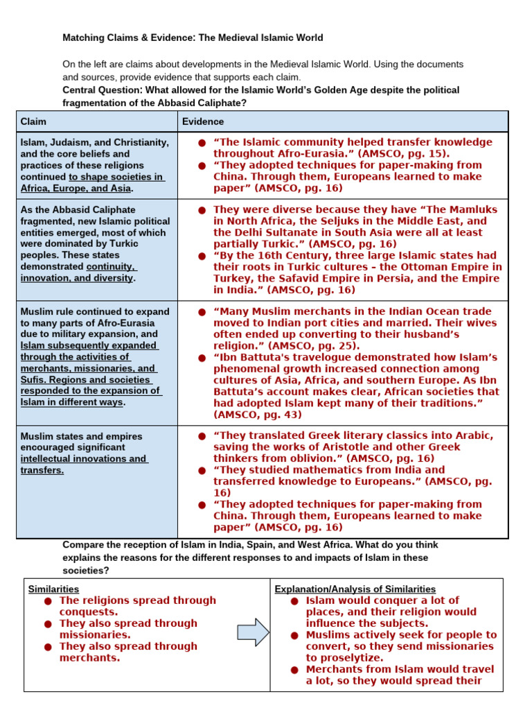 Matching Claims _ Evidence_ The Medieval Islamic World | PDF | Muslim ...