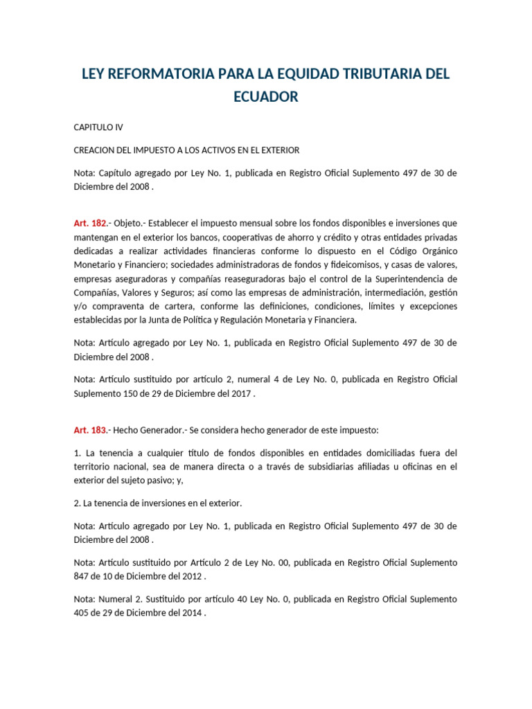 Ley Reformatoria para la Equidad Tributaria en el Ecuador_Arts 182 a ...