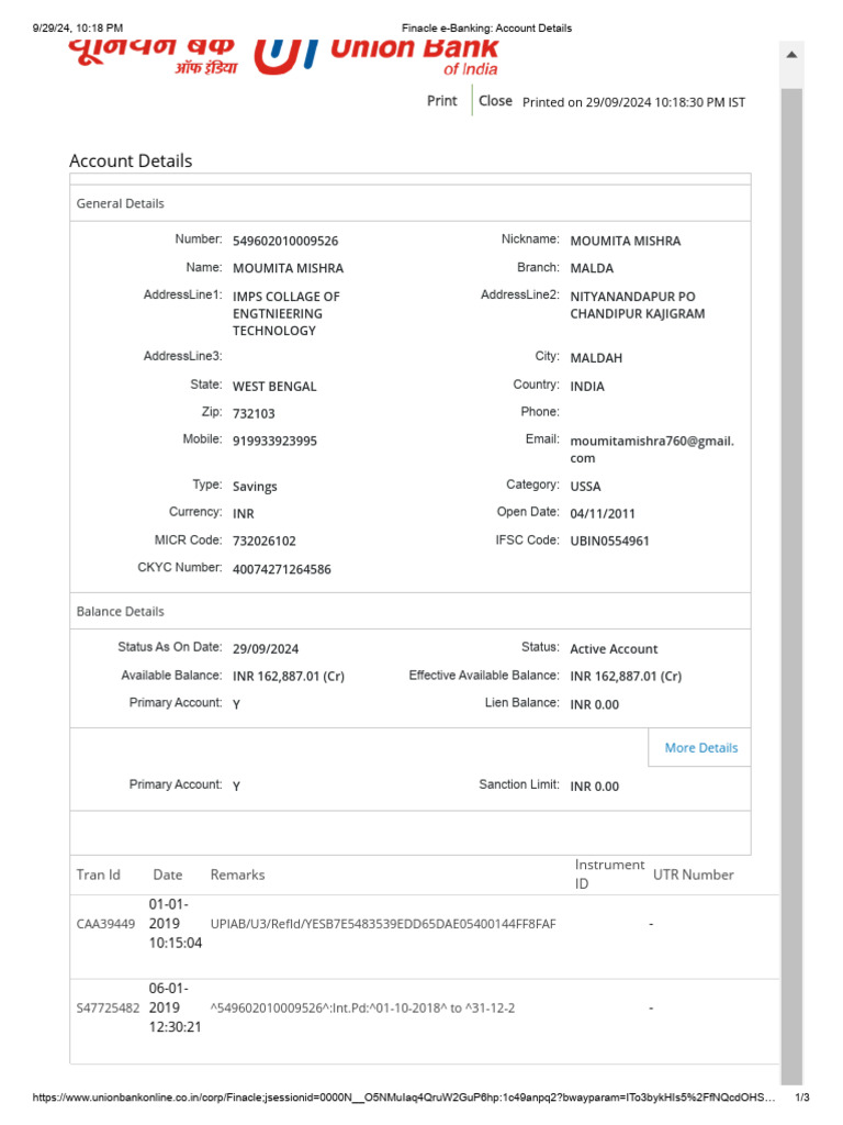 Finacle E-Banking - Account Details | PDF