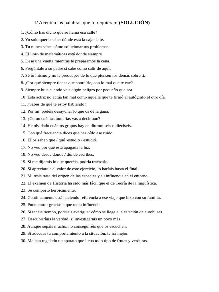 Oraciones para acentuar_Solución | PDF