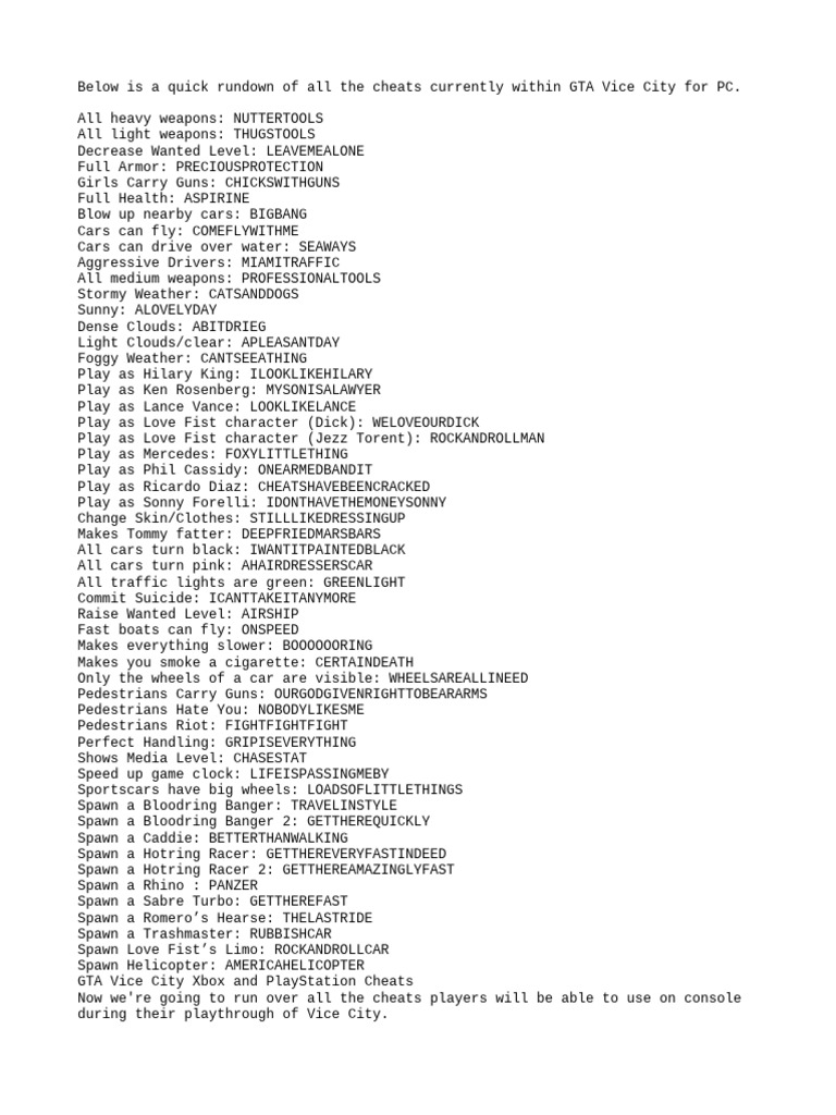 GTA Vice City Cheats | PDF