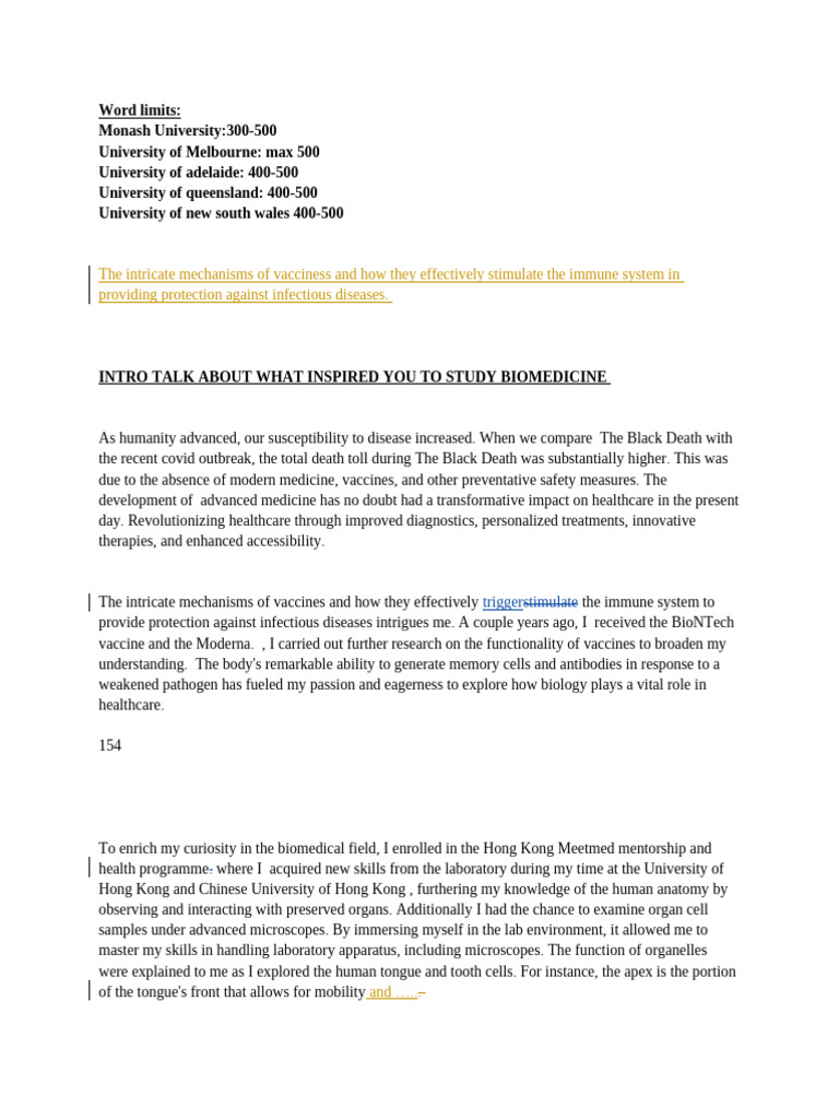 Bachelor of Biomedicine Personal Statement First Draft | PDF | Vaccines ...