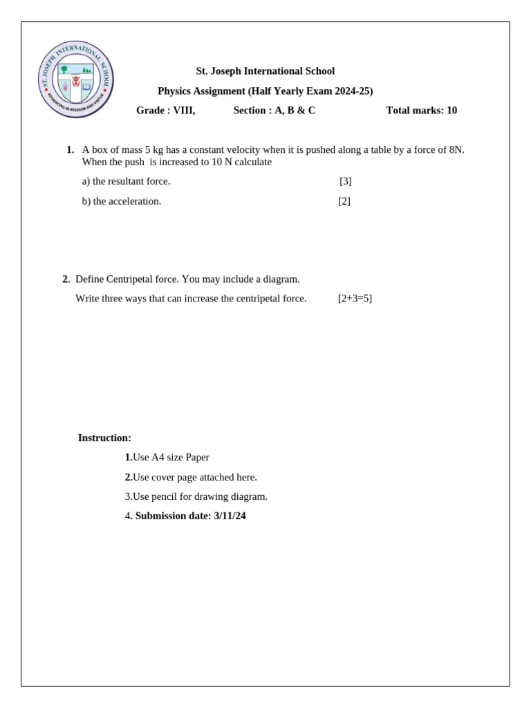 Physics Assignment Class 8 2024 | PDF