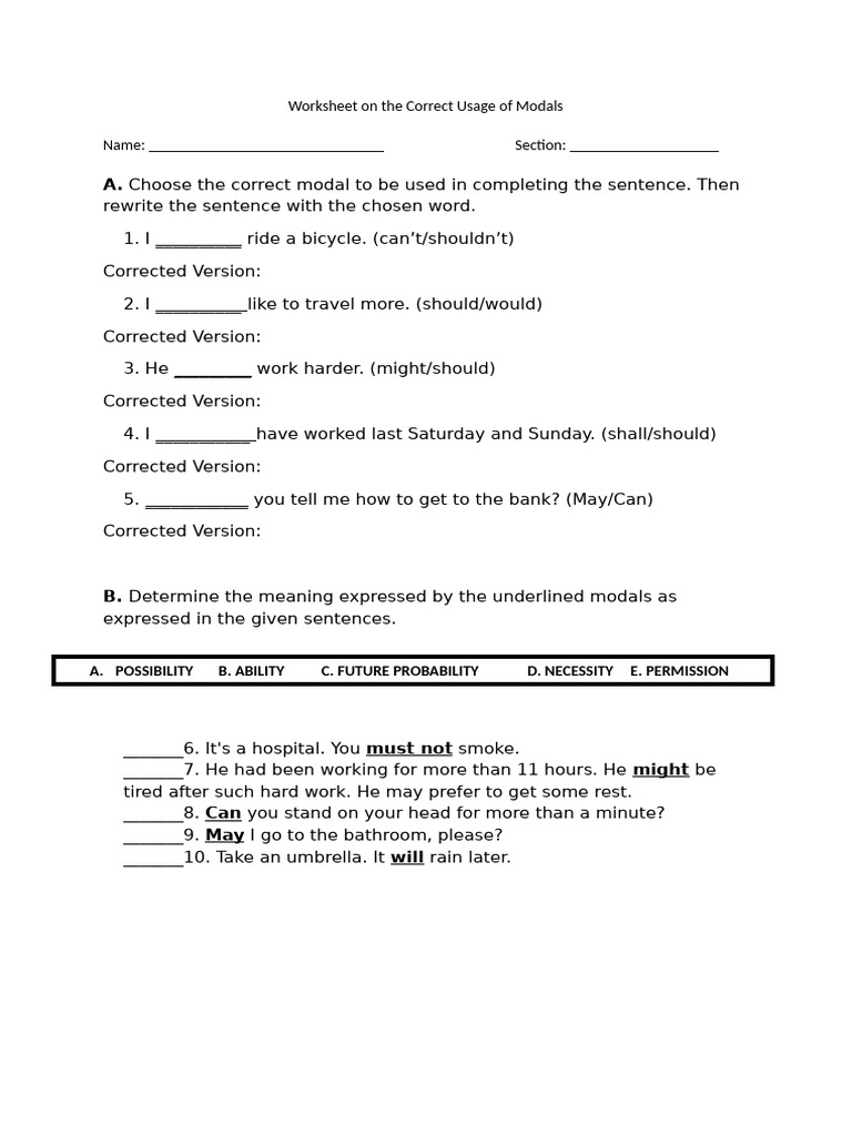 Worksheet On The Correct Usage of Modals | PDF