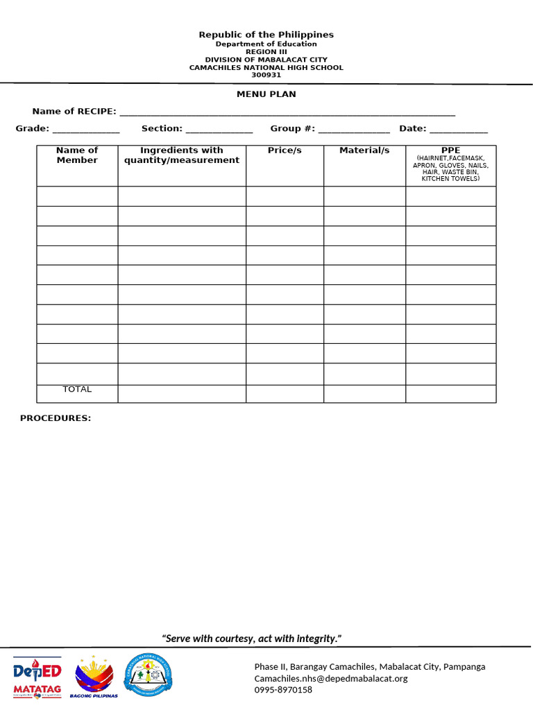 Menu Plan Template | PDF