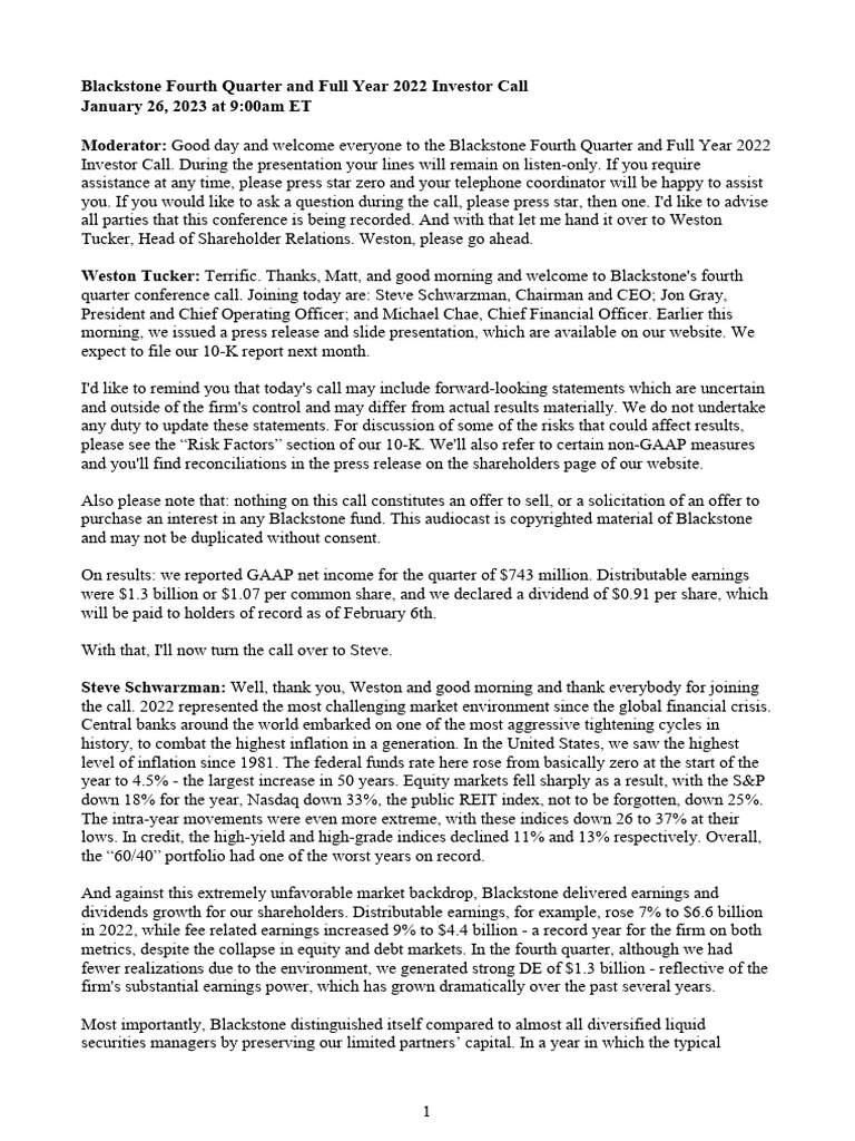 Blackstone-Fourth-Quarter-And-Full-Year-2022-Investor-Call | PDF ...