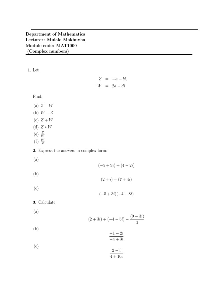 Complex Numbers Exercises | PDF