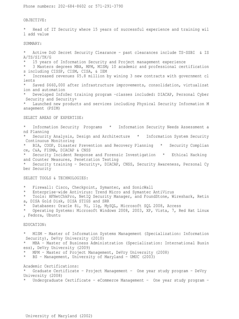 Information Security Professional With Active DoD Clearance | PDF ...