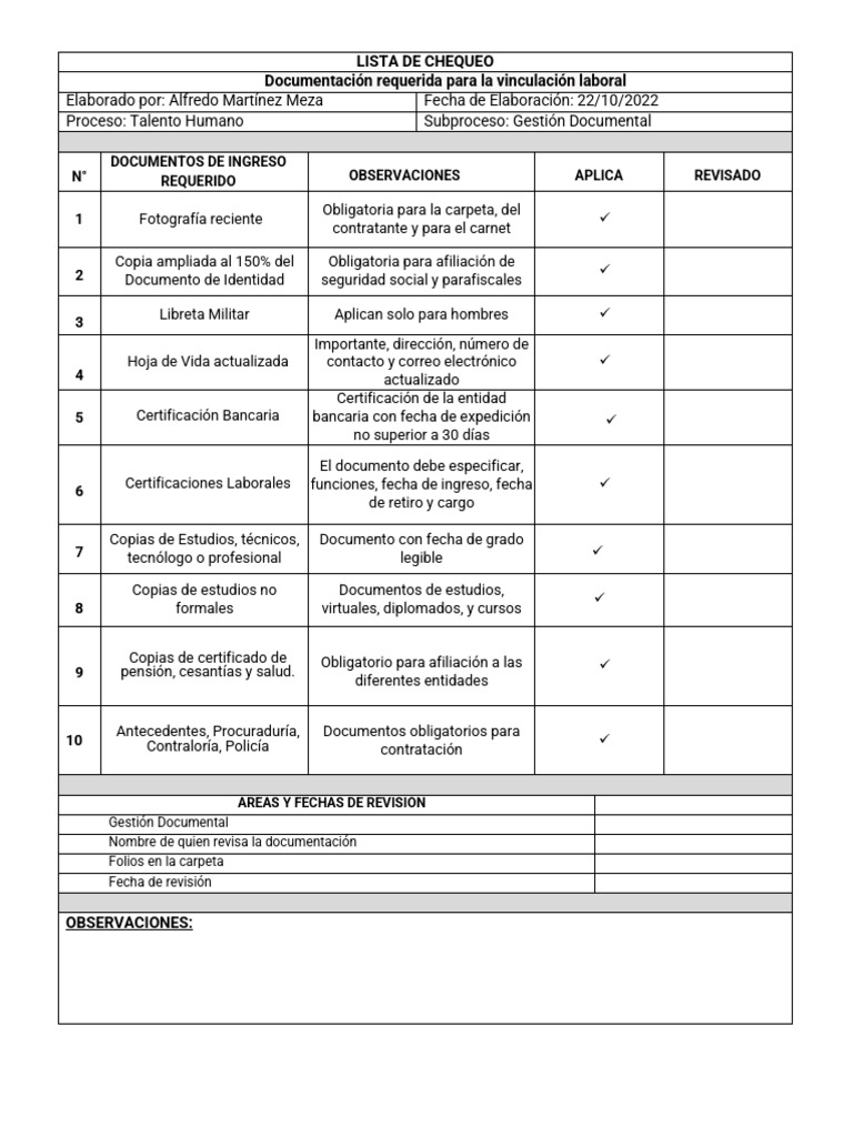 LISTA DE CHEQUEO de La Documentación Requerida para La Vinculación ...