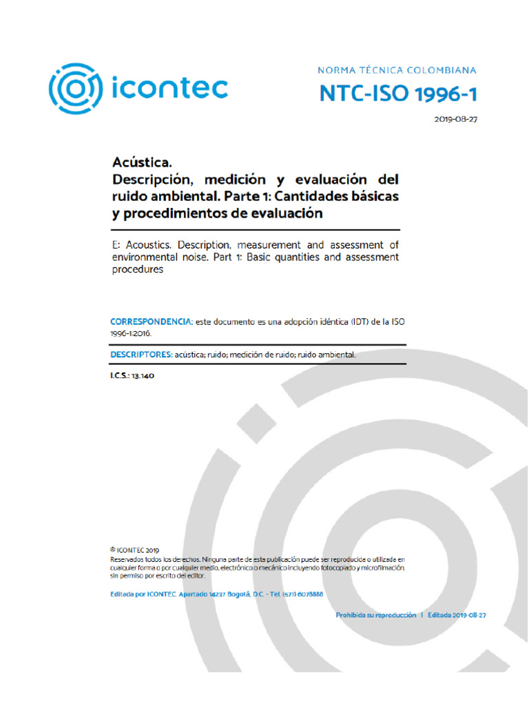 NTC ISO 1996 - 2019 Acústica Descripción, Medición y Evaluación Del Ruido Ambiental. Parte 1 ...