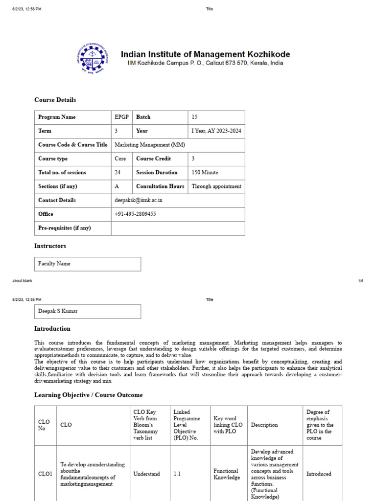MM-Course Outline - EPGP 15-Sec A | PDF | Marketing | Business